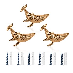 ALIWINER Gold Cute Whale Hooks Hanging Wall Mounted Hooks Set Decorative Hook Wall Hanger for Robe Set of 3