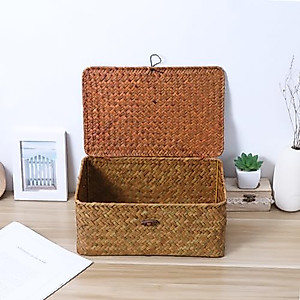 Vosarea Rattan Storage Basket,11 inch,Straw Seaweed Basket,Hand-Woven Storage Basket Multipurpose Container with Lid for Desktop Home Decoration Size L