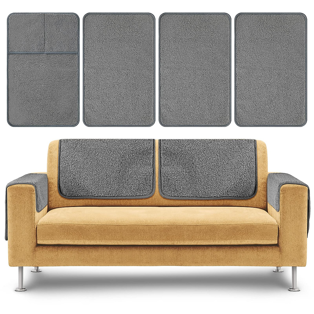 4 Pcs Recliner Covers Sherpa Arm Covers for Recliner Chair Recliner Headrest Protector Armrest Slipcovers with Storage Pockets Sofa Headrest Protector Couch Furniture for Living Room, Gray