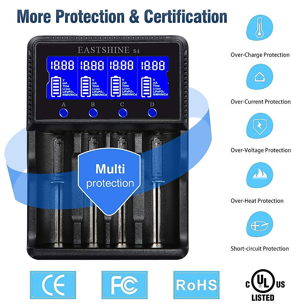 Universal Smart Battery Charger 4 Bay for Rechargeable Batteries NiMH NiCd AA AAA C Li-ion LiFePO4 IMR 18650 21700 20700 26650 14500 16340 18500 10440 18350 RCR123a LCD Display UL Listed