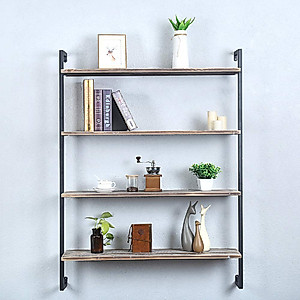 OLDRAINBOW Industrial Metal and Wood Wall Shelf,Floating Wood Shelves Wall Mounted,36in Real Wood Book Shelves,4 Tier Wall Shelves for Bedrooms Office