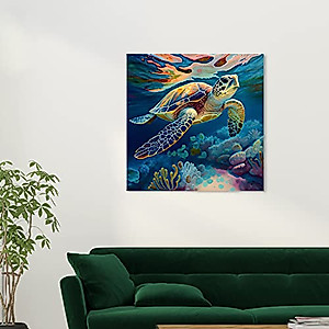 Wynwood Studio Animals Contemporary Canvas Wall Art Sea Turtle I Living Room Bedroom and Bathroom Home Decor 30 in x 30 in Blue and Brown