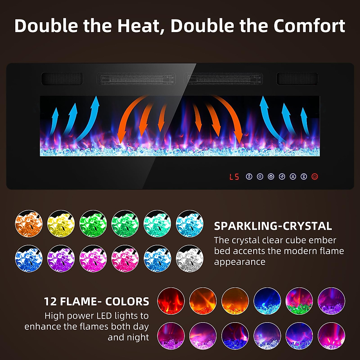 BREEZEHEAT 50 inch Electric Fireplace Wall Mounted/Freestanding-Ultra Thin Fireplace Inserts for Living Room with Double Heat Vent, Remote Control, Touch Screen, Led Flame, 8H Timer, 750w/1500w