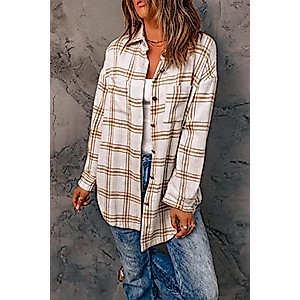 PRETTYGARDEN Women's 2023 Fall Clothes Plaid Shacket Jacket Long Sleeve Button Down Flannel Shirts Fashion Blouse(Plaid Khaki,Large)