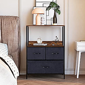 LYNCOHOME 3 Drawers Dresser- Fabric Storage Tower with Shelf, Organizer Units for Bedroom, Livingroom, Hallway, Entryway, Closets, Steel Frame, Wood Top, Rustic Brown