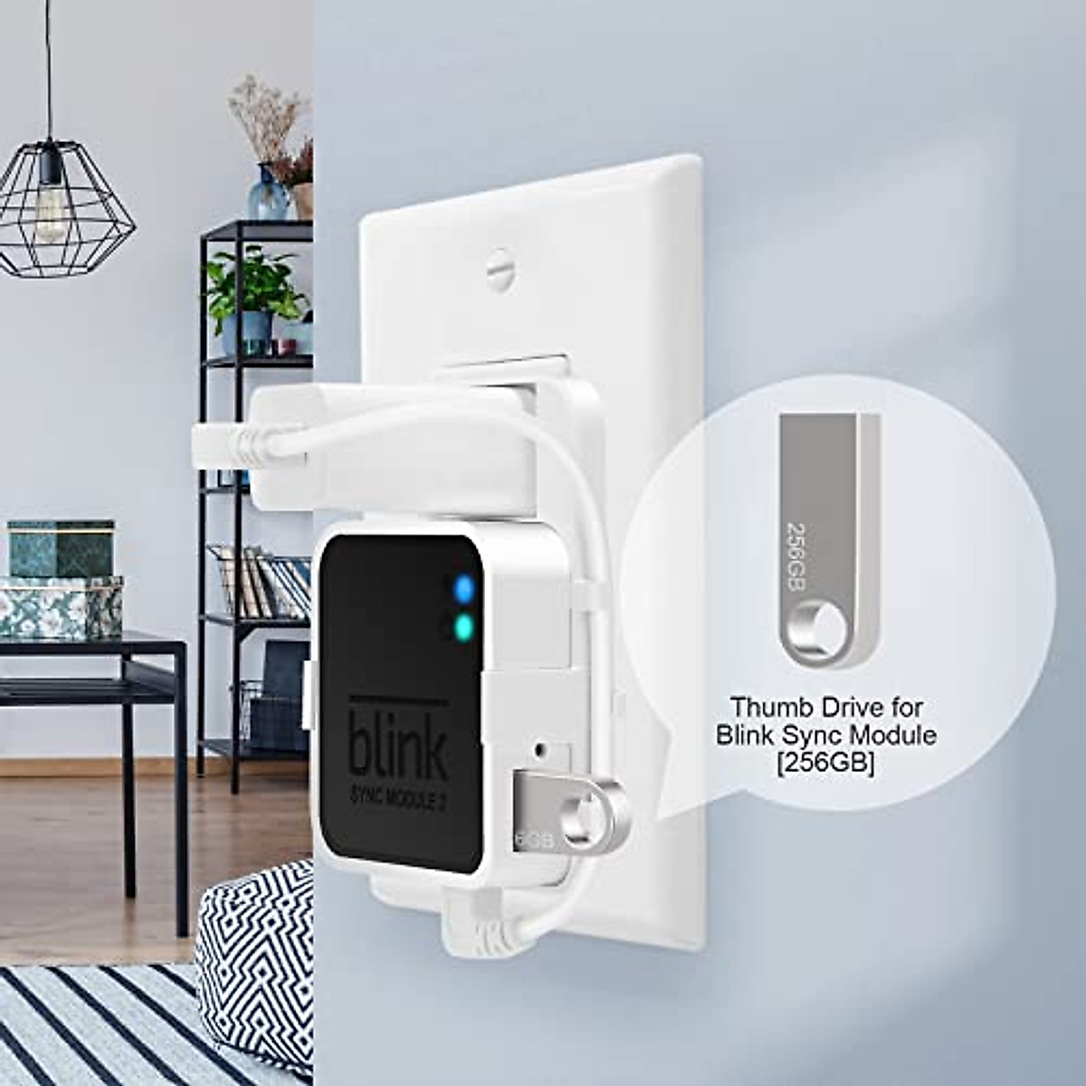 256GB USB Flash Drive for Local Video Storage with Outlet Mount for Blink Sync Module 2,Short Cable Save Space and Easy Move Mount Bracket Holder for Blink Outdoor Indoor Home Security Camera