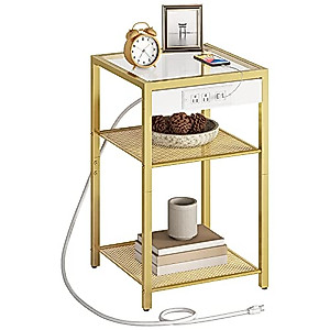 HOOBRO Side Table with Charging Station, 3-Tier Slim Nightstand with Storage Shelves, End Table with USB Ports & Power Outlets, Tempered Glass, Modern Style, for Living Room, Bedroom, Gold GD77UBZ01