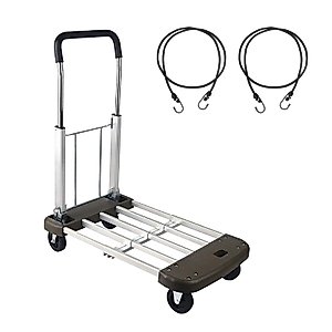 LEADALLWAY Platform Cart Foldable Push Cart Aluminum Adjustable Length Flatbed Cart with Polyurethane Mute Wheel,330-LB Capacity(with 2 Ropes)