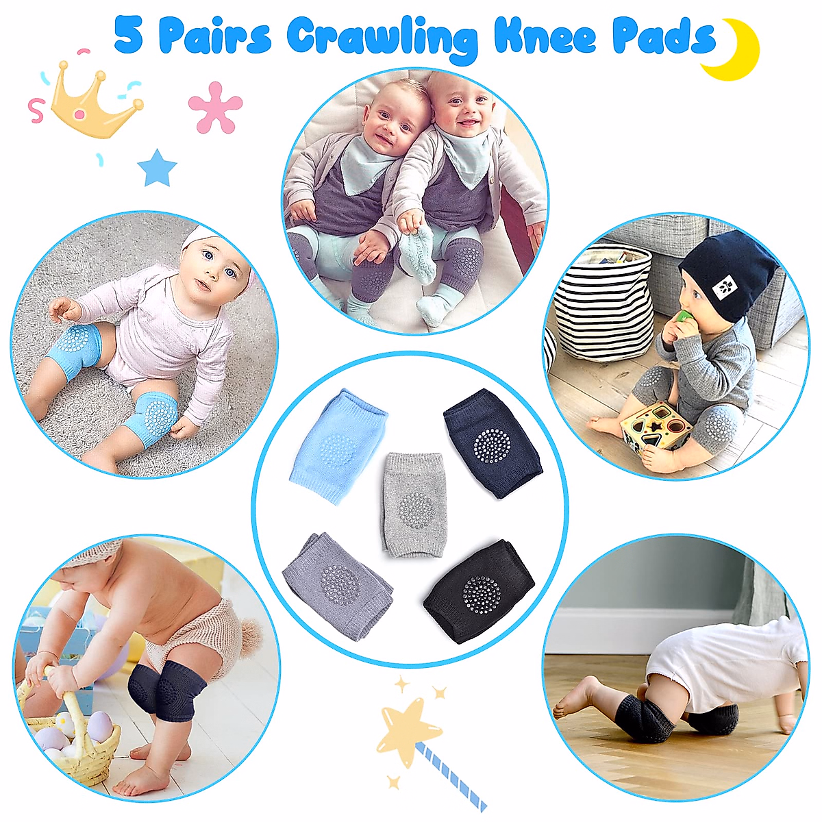 IUMÉ Baby Knee Pads for Crawling, 5 Pairs Unisex Baby Crawling Pads Anti-Slip Baby Protect Knee Pads for Crawling