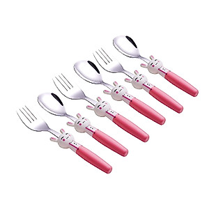 ANNOVA Kids Silverware 6 Pieces Set Children's Flatware - Stainless Steel Cutlery - 3 x Safe Forks, 3 x Dinner Spoons - Safe Toddler Utensils Without Knives for Lunch Box BPA Free (Rabbit x 6 PCS)