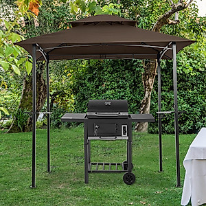 8'X5' Grill Gazebo Canopy, Grill Tent for Outdoor Grill, Double Tiered BBQ Gazebo with Steel Frame, Two Shelves, Nine Hooks and A Bottle Opener, Small Grill Shelter for Backyard, Patio (Brown)