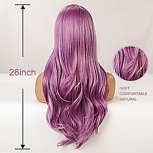 AISI QUEENS Long Purple Wigs for Women Purple Wig with Bangs Lavender Wig for Women Purple Wavy Wigs Purple Synthetic Heat Resistant Wigs for Daily Cosplay Party Winter Holiday Wig (26inch, Purple)