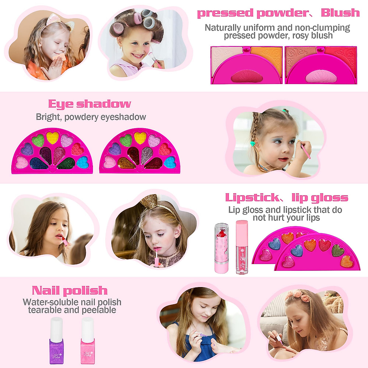 Kids Makeup Kit for Girls, 60 Pcs Little Girls Princess Toys Real Washable Pretend Play Cosmetic Beauty Makeup Set, Non-Toxic & Safe, Birthday Gifts Toys for 3 4 5 6 7 8 9 10 Year Old Girls Toddlers