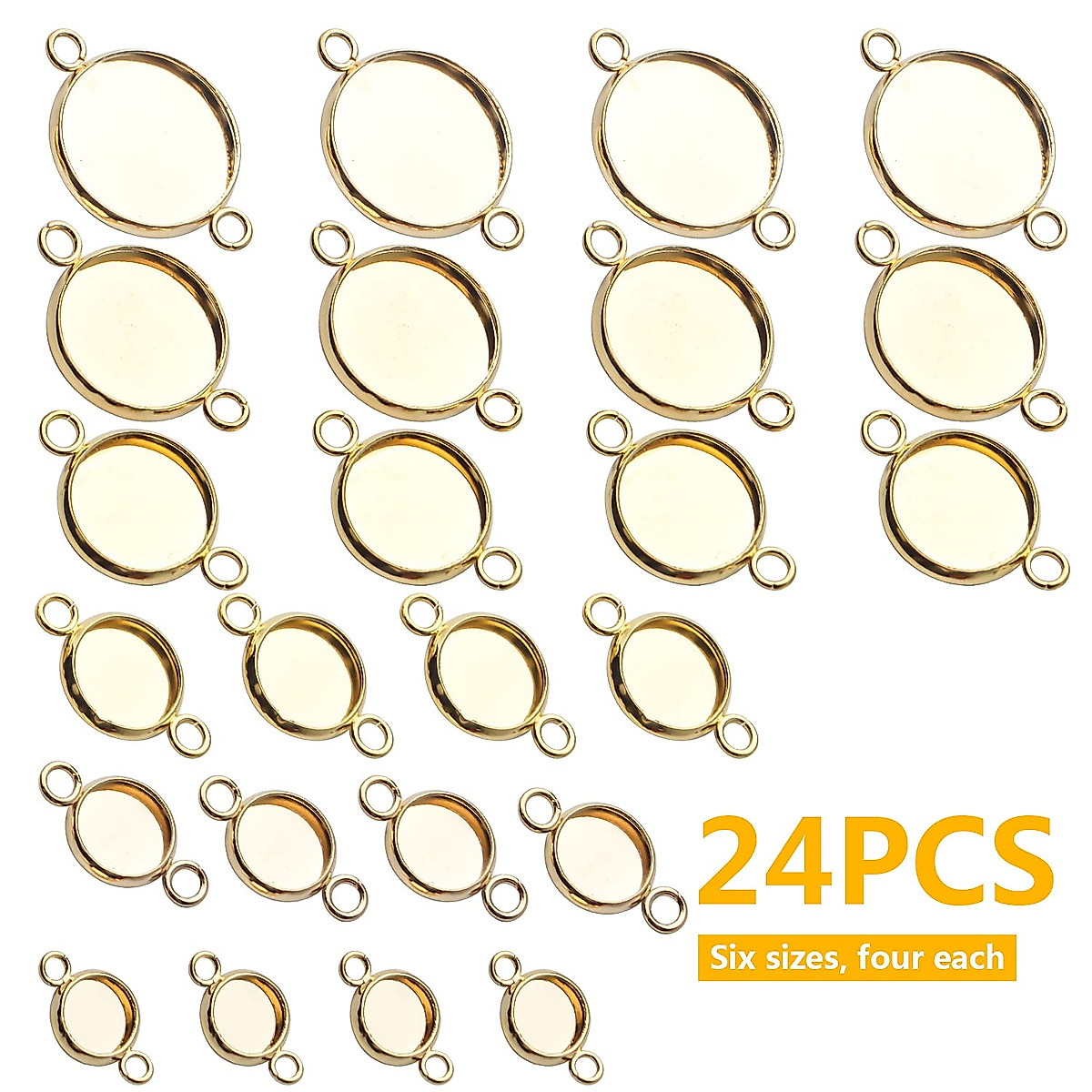 24pcs Gold Stainless Steel Cabochon Connectors Settings Round Blank Bezel Pendant Connector Trays Cabochon Pendant Bezel Blanks Links for DIY Jewelry Making,6 Sizes
