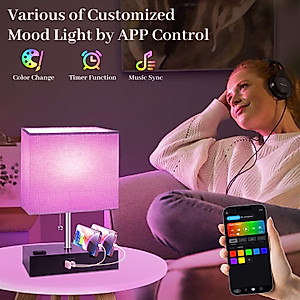 YIEELOG Smart RGB Dimmable Table Lamp Work with Alexa&APP&Remote Control, Bedside Desk Lamp with Charging Ports&Outlet&Phone Stand, Music Sync Nightstand Lamp for Bedroom Living Room Office Dorm