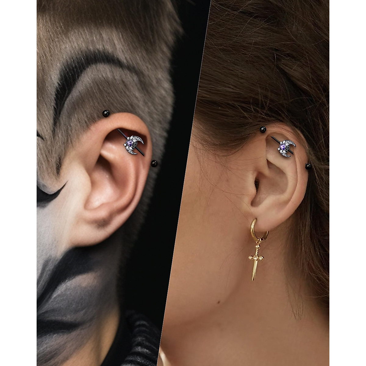 COCHARM Black Moon Industrial Earrings 14g Purple CZ Halloween Industrial Bar Piercing Spoooky Industrial Earring, Halloween Industrial Piercing Jewelry