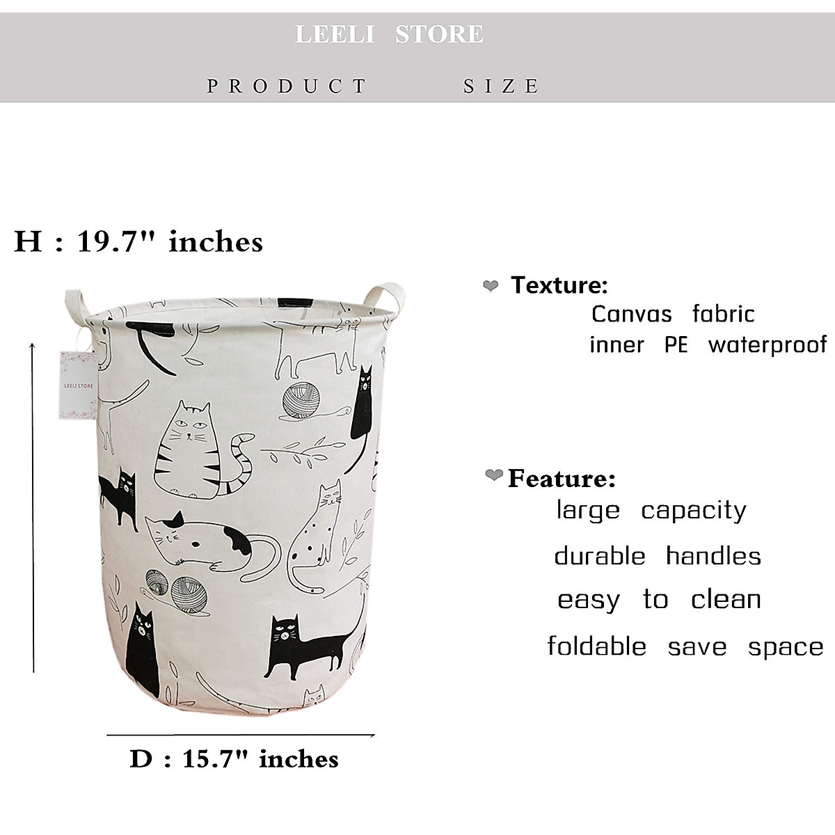 LEELI Laundry Hamper with Handles Collapsible Canvas Laundry Basket,Waterproof Storage Basket Home Organizer for Nursery,Clothes,Toys,Baby Hamper19.7×15.7(kitty)