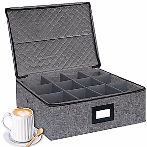 homyfort Mug and Cup Storage with Dividers - Hard Shell and Stackable China Storage Containers with Lid, Label and Handles, Holds 12 Coffee Mugs and Tea Cups (Dark Grey)
