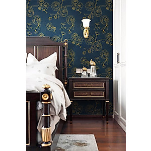 118"x17.3" Peel and Stick Wallpaper Gold and Blue Contact Paper Dark Blue Wallpaper Removable Wallpaper Floral Contact Paper for Walls Covering Vinyl Rolls