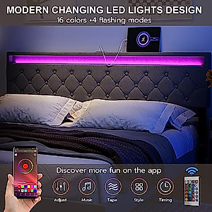 IKIFLY Upholstered King Size Headboard with 2 USB Ports & LED Lights - Adjustable Height - Button Tufted Padded Linen Fabric Headboard, Easy Assembly, King Headboard Only for Bedroom - Dark Grey