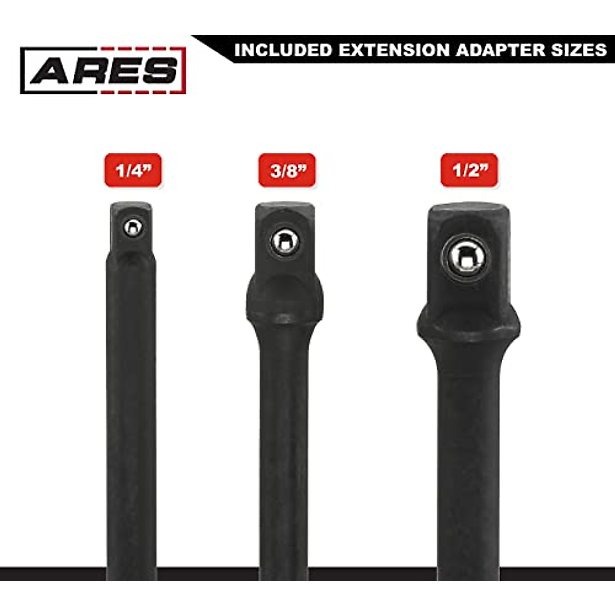 ARES 28000 - Impact 3-Inch Extension and Socket Adapter Set - Includes 3-Inch Extensions in 1/4-Inch Drive, 3/8-Inch Drive, and 1/2-Inch Drive, 2 Adapters, and 2 Reducers