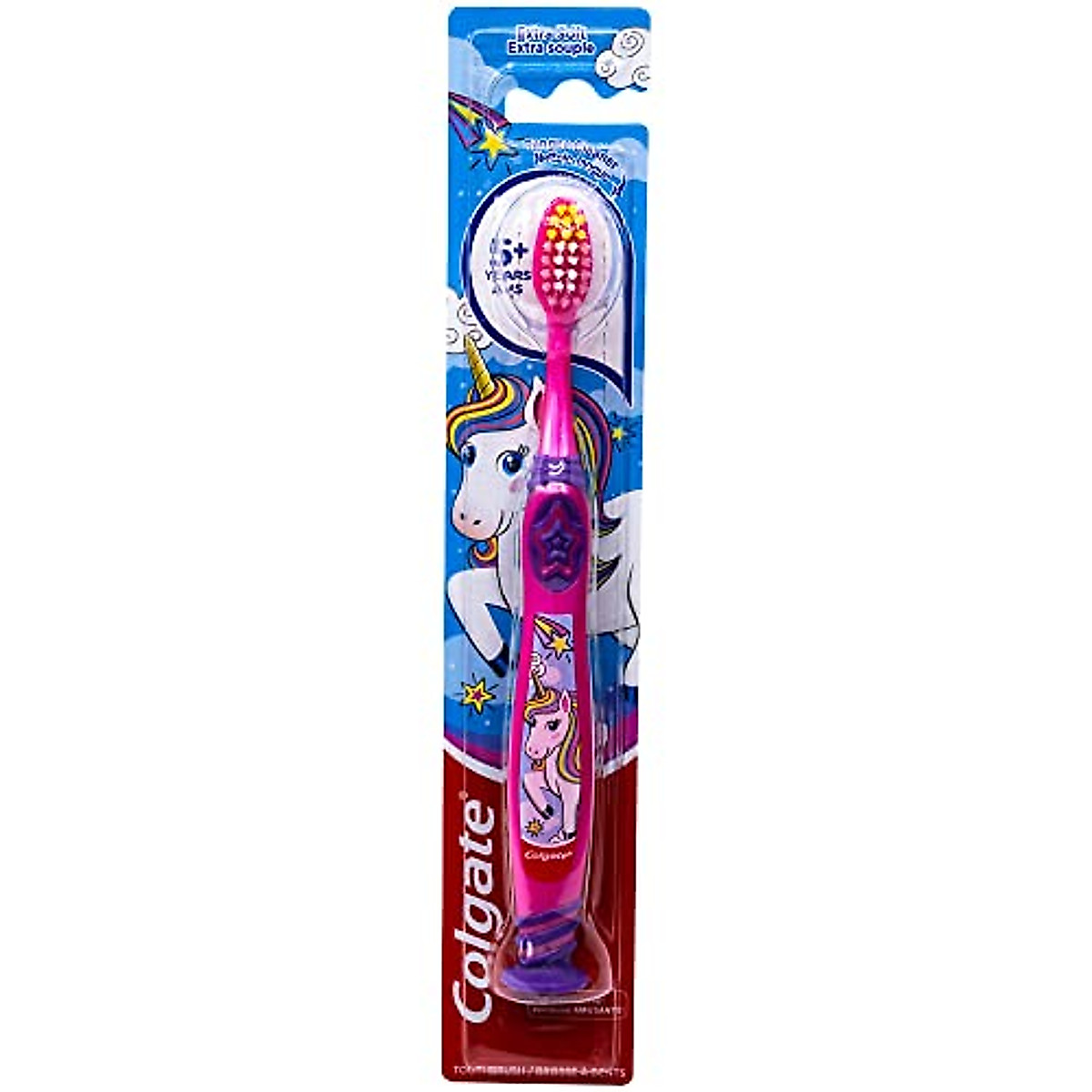 Colgate Kids Unicorn Toothbrush with Suction Cup for Children 5+ Years Old, Extra Soft (Colors Vary) - Pack of 4
