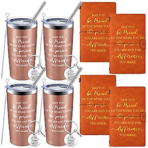 Yaomiao 4 Employee Thank You Gifts Set Includes Stainless Steel Insulated Travel Tumbler 20 oz Leather Journal and May You Proud of Keychain Teacher Appreciation Gift Set Wine Cup (Rose Gold)