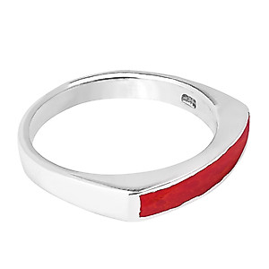 AeraVida Rectangular Bar Reconstructed Red Coral Inlay .925 Sterling Silver Ring | Classic Wedding Rings For Women | Casual Comfort Fit Silver Rings for Women | Sterling Silver Rings Sizes (8)