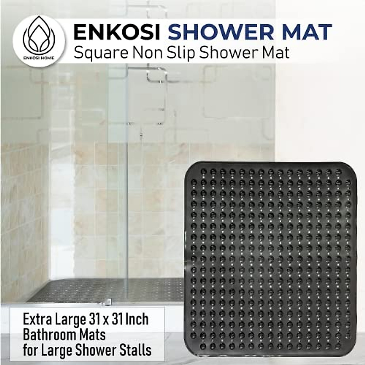 ENKOSI Extra Large Square Non Slip Shower Mat | 31 x 31-inch XL Shower Mats for Showers Anti Slip - Square Shower Stall Mat for Bathroom Shower Floors | Secure Suction Cups and Drain Holes (Grey)