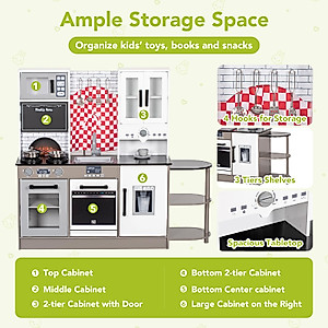 BRINJOY Kids Kitchen Playset, Wooden Toddler Kitchen Set w/Curtains, Coffee Maker, Storage Shelf, Stove,Sink, Utensils, Light & Sound, Kids Pretend Play Kitchen Toy Gift for Girls Boys (3-Stage)