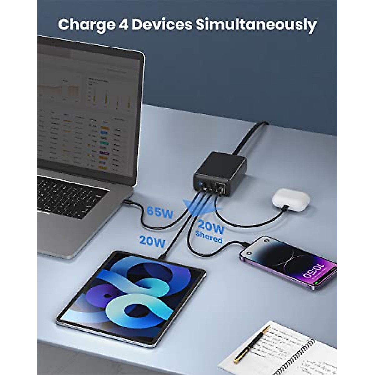GEEKERA 100W USB C Charger - 4 Port Fast GaN III USB Charging Station 3 USB-C + USB-A, Multiport PD PPS Wall Charger Block for MacBook Pro/Air, ThinkPad, Dell XPS, Steam Deck, iPad Pro, iPhone, Galaxy