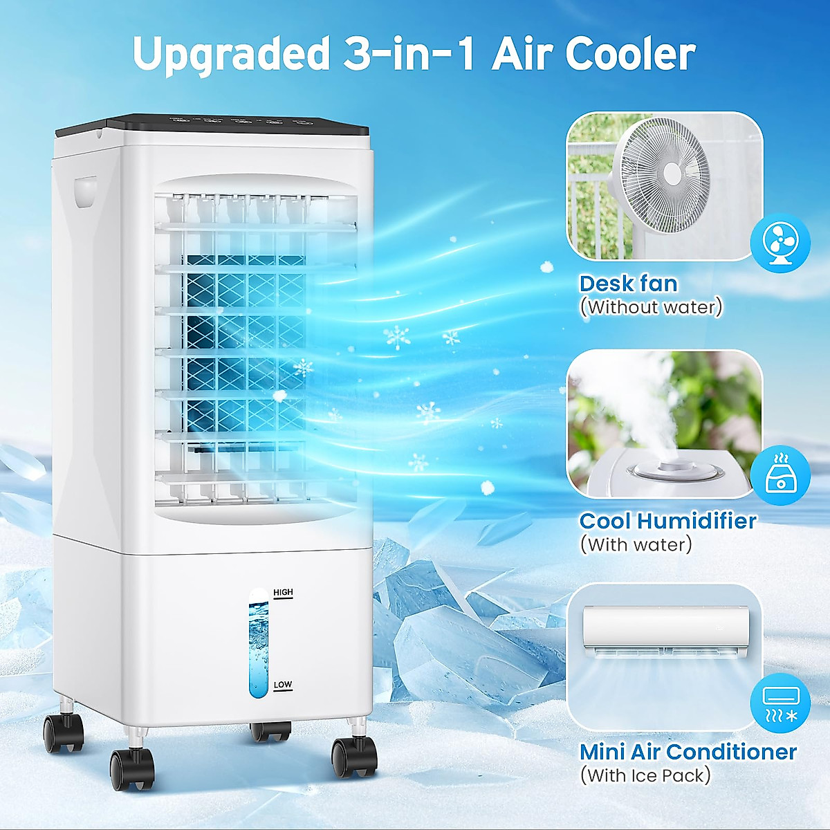 Portable Air Conditioners, 3-IN-1 Windowless Air Conditioner, Evaporative Air Cooler Kitchen Volume AC, Fast Cooling Large Air Conditioner for Room, Remote/3 Speeds/7H Timer/3 Ice Packs