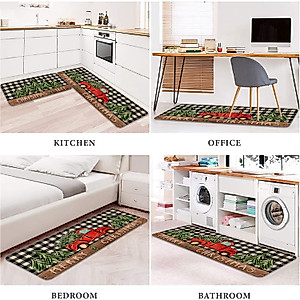 Eikunn Christmas Kitchen Rugs Set of 2,Red Truck Christmas Tree Kitchen Mat for Floor,Winter Holiday Non-Slip Washable Kitchen Sink Mats Kitchen Decor Doormat+Runner Rug