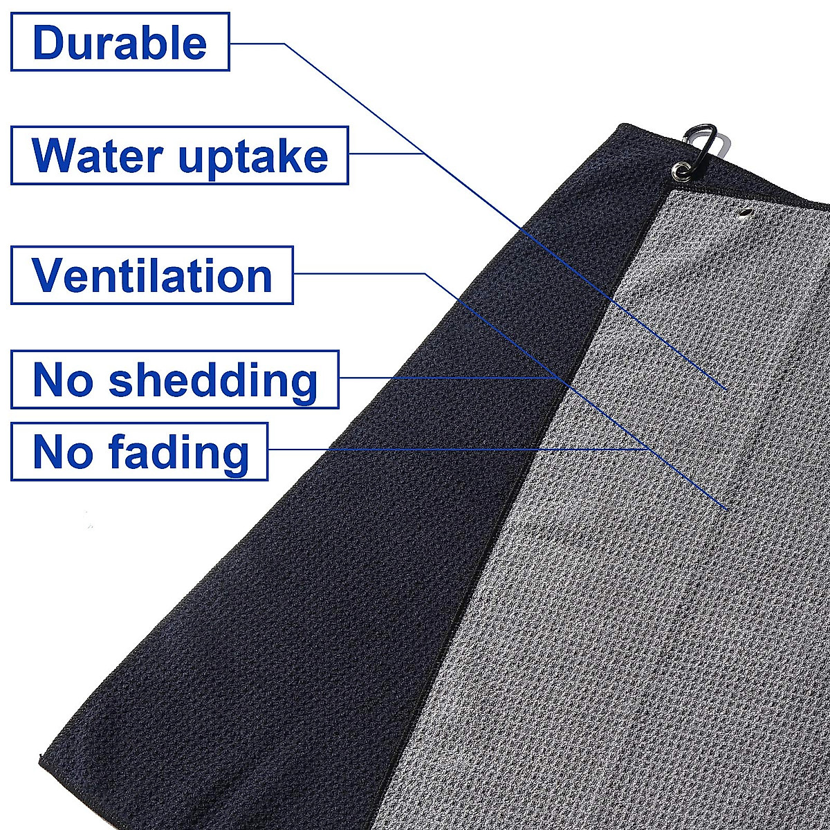 Fpxnb 2 Pack 16" x 24" Tri-fold Golf Towel Set, Microfiber Fabric Waffle Pattern Towels, Heavy Duty Carabiner Clip (2 Pcs, 2 Colors)