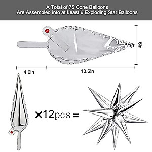 NOVWANG 75 Pcs Explosion Star Foil Balloons 12 Point Silver Starburst Cone Mylar Balloons for Party Supplies Christmas Birthday Wedding Baby Shower Photo Booth (Silver)