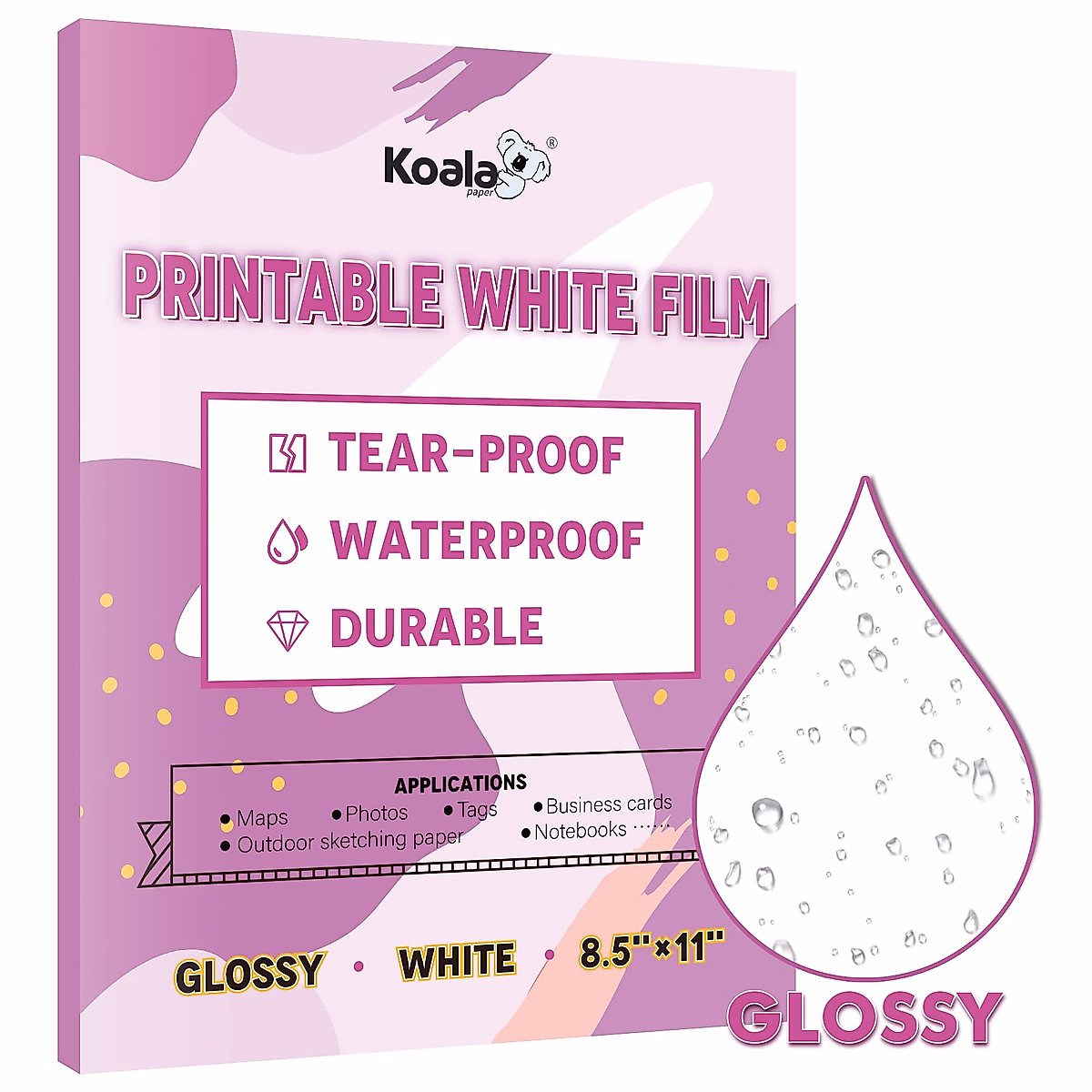 Koala Glossy White Film for Inkjet Printers, Waterproof and Tearproof Printer Paper, Single-Sided Printable Film, 8.5 x 11 Inch 20 Sheets, for Exceptional Image Reproduction