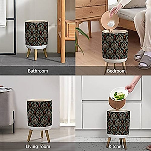 Small Trash Can with Lid Seamless Based on Ornament Paisley Bandana Print Vintage Style Silk Wood Legs Press Cover Garbage Bin Round Waste Bin Wastebasket for Kitchen Bathroom Office 7L/1.8 Gallon