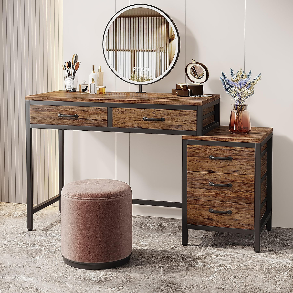 Tribesigns Vanity Desk with 5 Drawers, Makeup Vanity Table Dressing Table with Side 3-Drawer Chest, Make Up Vanities for Women, Girls (Without Mirror)