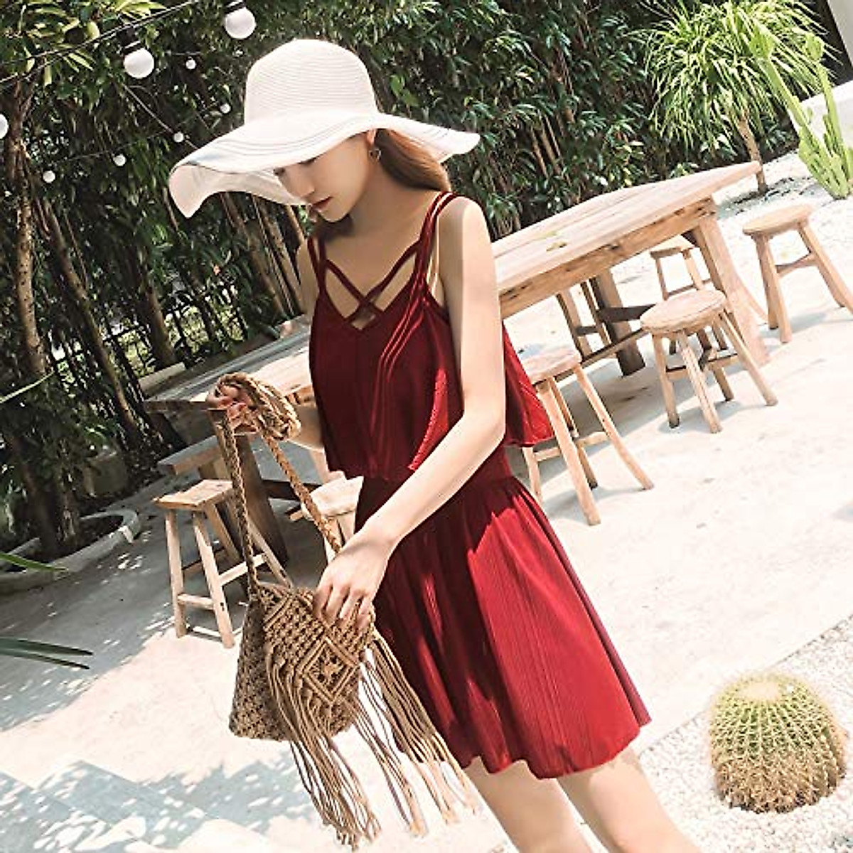 Nice Pies Women's Beach Straw Handbag Woven Tote Fishing Net Beach Bag Large Capacity Mesh Rope Combination Handbag (Khaki)