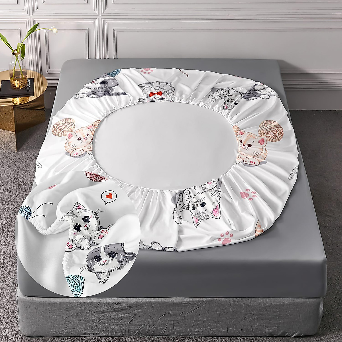 AILONEN Lovely Cartoon Cat Bed Set Kids,Cute Woolen Thread Kittens Bed Sheet Set for Girls Twin Size, Kawaii Animal Cat Lover Bedding Set,3-Piece, 1 Fitted Sheet and 2 Pillowcases,Soft Breathable