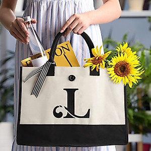 YOOFAN Initial Canvas Tote Bag - Personalized Monogrammed Gift Tote Bag for Wedding, Birthday, Beach, Holiday - Gift for Women, Mom, Teachers, Friends, Bridesmaids (L)