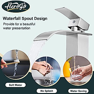 Herogo Bathroom Sink Faucet, Brushed Nickel Waterfall Stainless Steel Bathroom Faucet with Brass Pop Up Drain, Single Handle 1 Hole or 3 Holes Deck Mount Vanity RV Lavatory Faucet with 2 Water Hoses
