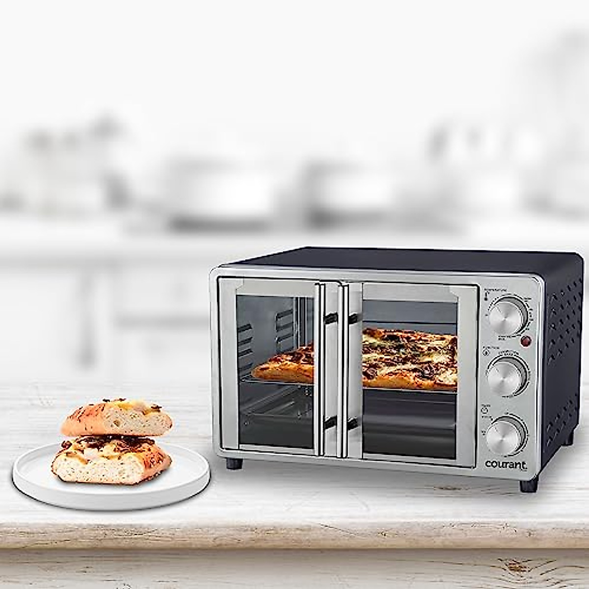 Courant French Door Convection Toaster Oven & Broiler, Bake Broil Toast Oven, Fits 9x13’’ Baking Pan, 6-Slices, 10’’ Pizza, Convection Oven - Stainless Steel