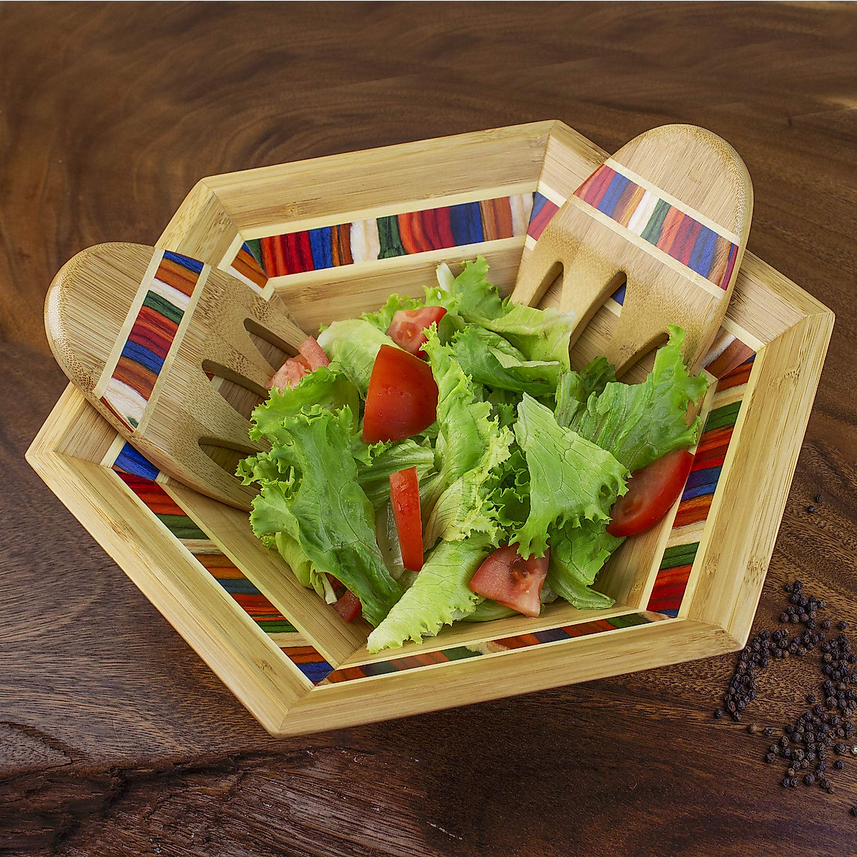 Baltique Marrakesh Collection 14" Salad Serving Bowl with Salad Hands, Bamboo and Colored Birch Wood
