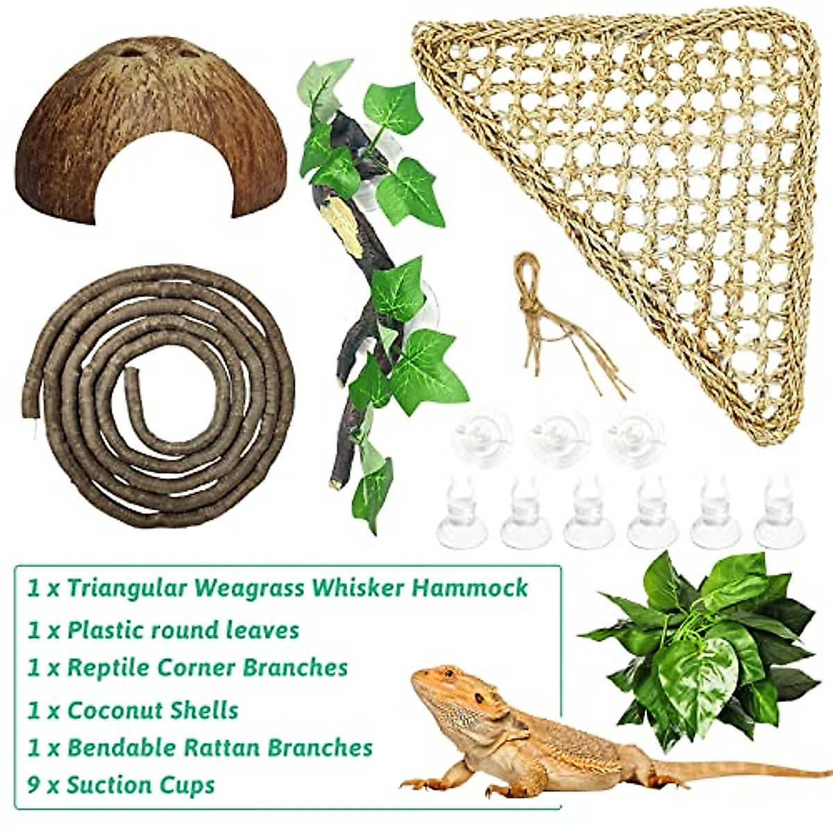 Hamiledyi Bearded Dragon Hammock Lizard Jungle Climber Vines Reptile Corner Branch  Coconut Shell with Suction Cups for Gecko,Snakes,Chameleon