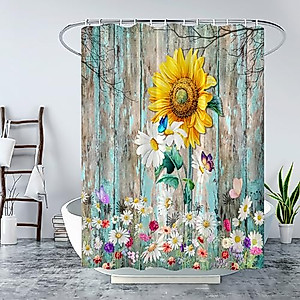 JOFKAXU Rustic Sunflower Shower Curtain Vintage Barn Door Floral Plant Flower Butterfly Farmhouse Retro Teal Wooden Board Country Bath Curtain with Hook