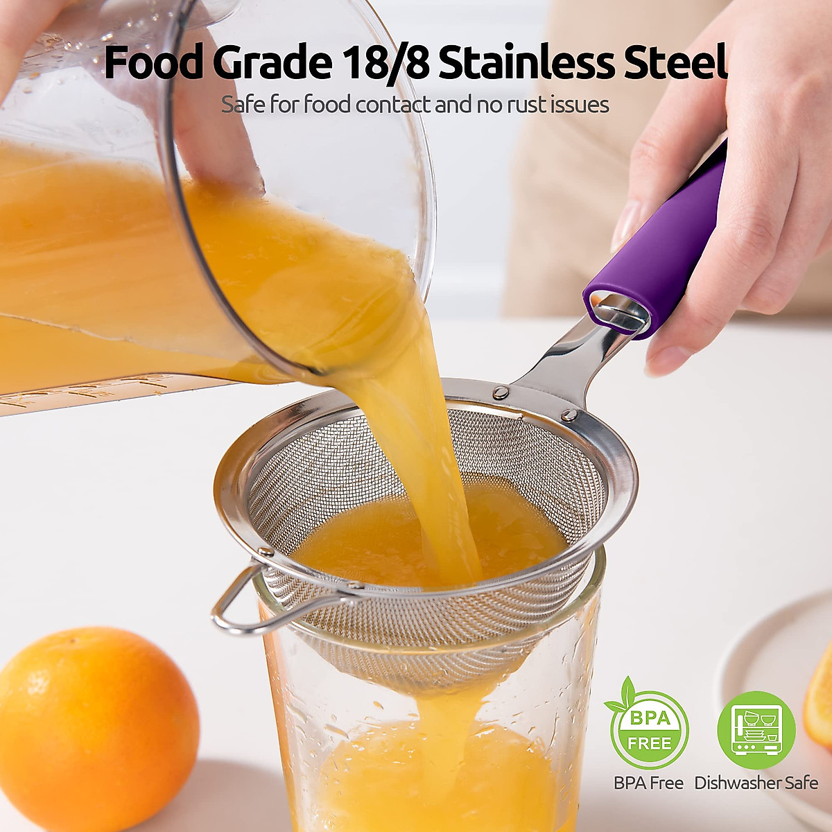 18/8 Stainless Steel Mesh Strainer: U-Taste 3.9 Inch Kitchen Fine Mesh Sieve Food Colander with Riveted Sturdy Silicone Handle and 30 Mesh Hole for Straining Flour, Quinoa, Tea, Juice (Purple)