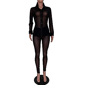 Uni Clau Women Sexy See Through Two Piece Outfits Set Long Sleeve Blouse Sheer Mesh Skinny Pants Club Jumpsuit Black XL