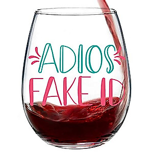 Adios Fake ID - Funny Cute Wine Glass, Stemless 15oz, Gift Box, 21st Birthday Gifts for Women, Finally Legal, R.I.P Fake ID, Happy 21st Birthday Gift for Women, Funny Gift Ideas for Sister, Friend