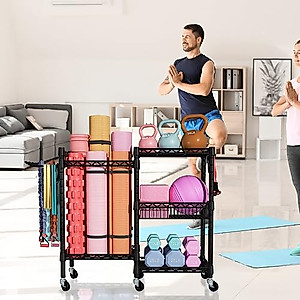 FUTASSI Home Gym Storage, Rolling Yoga Mat Storage and Organizer, Sports Equipment Storage Rack for Yoga Mats, Dumbbells, Kettlebells, Foam Rollers, Resistance Bands, 11.8"D x 36"W x 32.5"H, Black